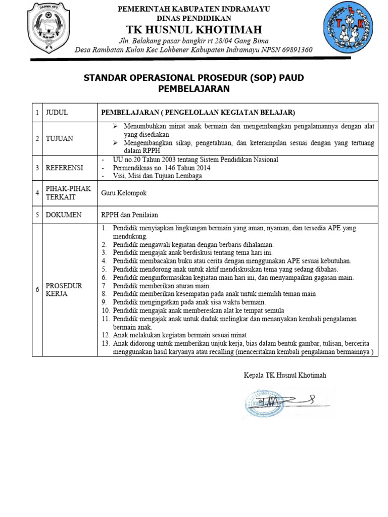 SOP Pembelajaran TK | PDF