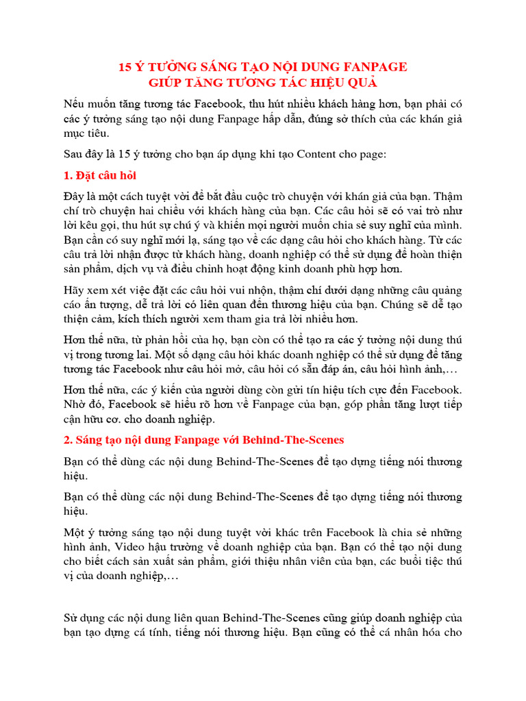 15 Ý Tư NG Sáng T o N I Dung Fanpage | PDF