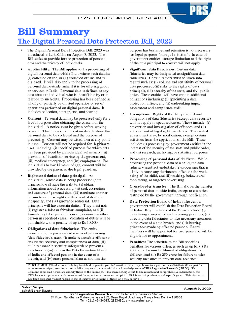 Summary Digital Personal Data Protection Bill 2023 | PDF | Fiduciary | Consent