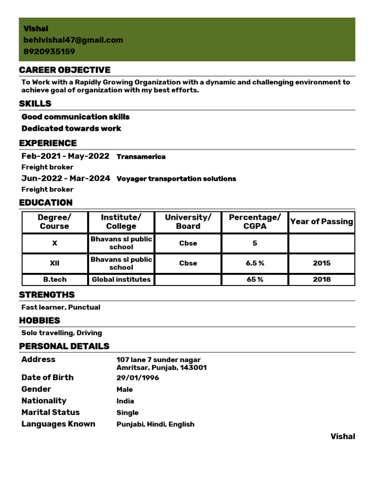 Freight Broker Resume of Vishal Behl | PDF