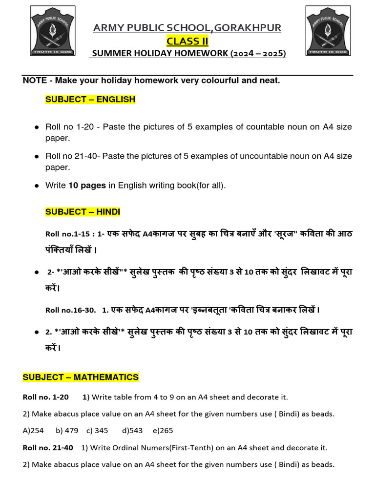 Class II Summer Holiday Homework 2024-25 | PDF | Art