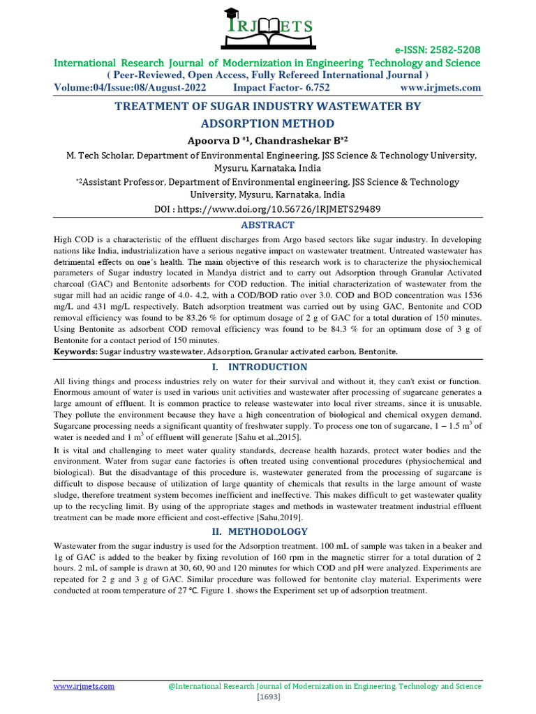 Treatment of Sugar Ind WW by Adsorbtion GAC Plus Bentonite | PDF ...