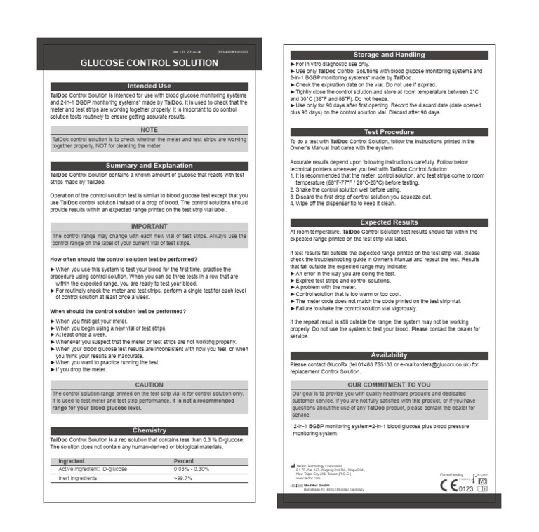TaiDoc Control Solution Insert en | PDF | Glucose