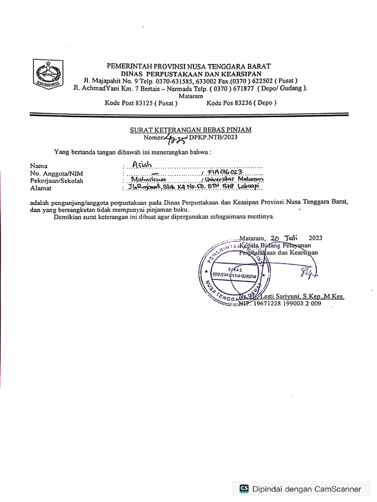 Surat Bebas Pinjam Perpus | PDF