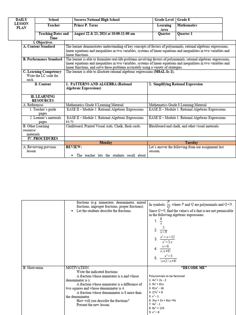 Prince TTL 2 Lesson Plan | PDF | Rational Number | Equations