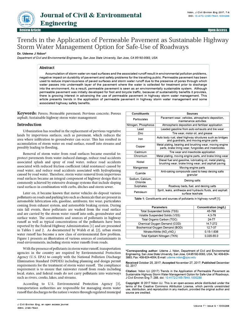 Trends in The Application of Permeable Pavement As Sustainable Highway Storm Water Management ...