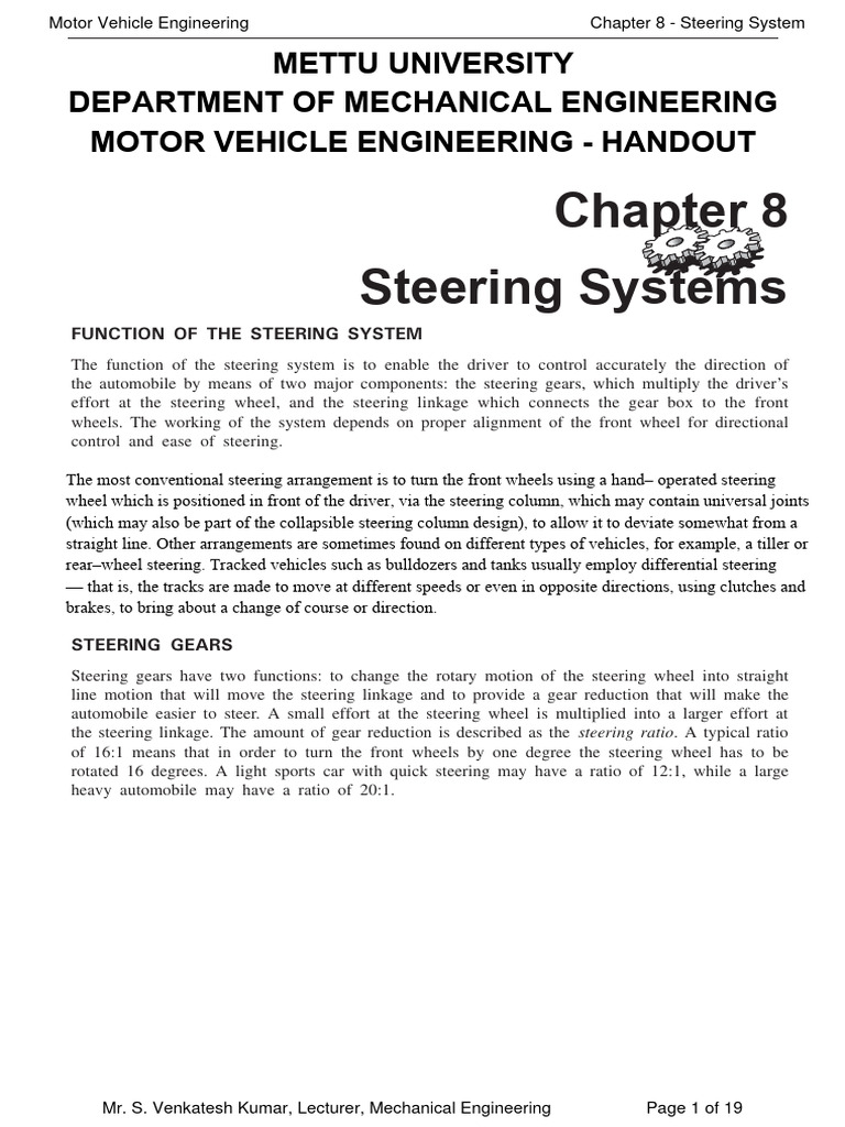 Mve Chap 8 Steering System | PDF | Steering | Gear
