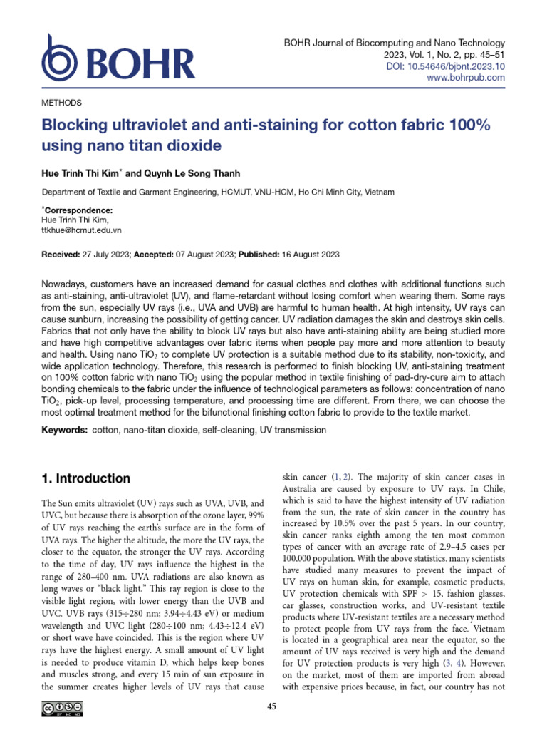 Blocking Ultraviolet and Anti-Staining For Cotton Fabric 100% Using Nano Titan Dioxide | PDF ...