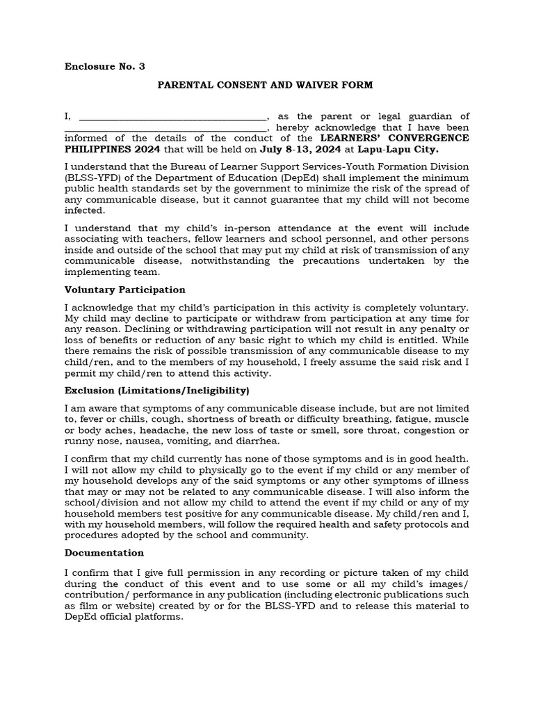 Enclosure No. 3 - Parental Consent and Waiver Form | PDF | Infection | Consent