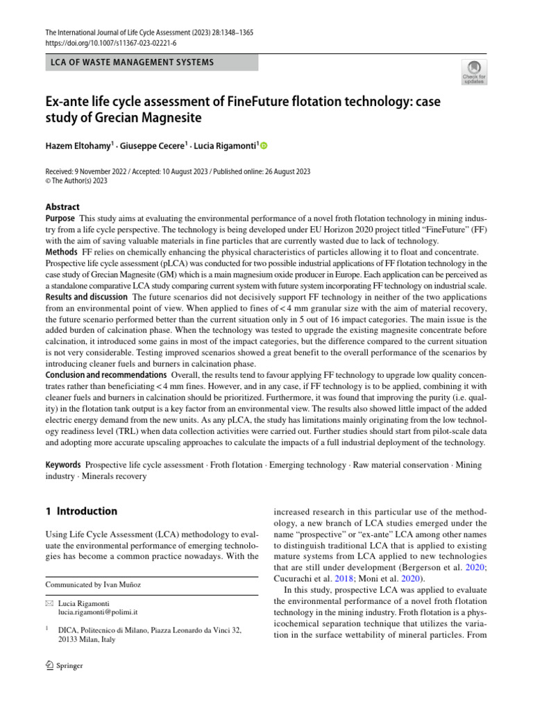 Ex Ante Life Cycle Assessment of Finefuture Flotation Technology: Case Study of Grecian ...