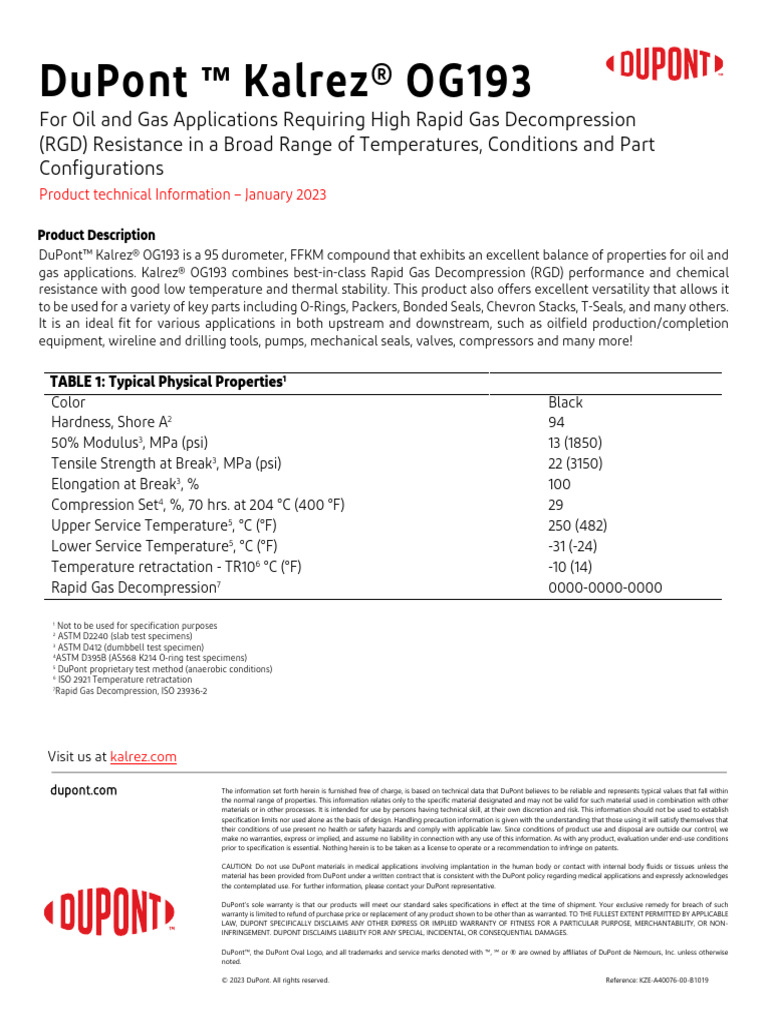 OG193 - Kalrez OG193 Technical Data Sheet - KZE-A40076-00-B1019 | PDF ...