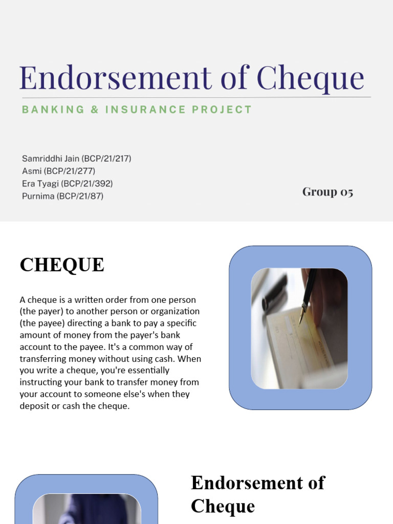 Endorsement of Cheque PPT | PDF | Negotiable Instrument | Cheque