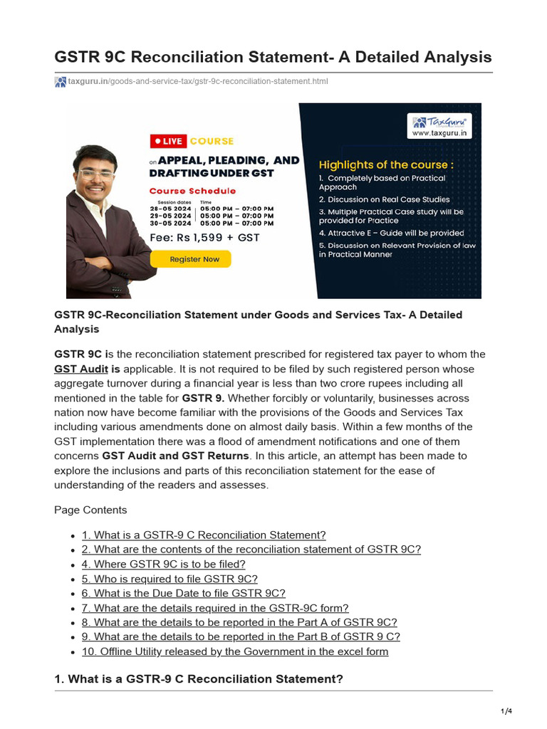 Taxguru - in-gSTR 9C Reconciliation Statement - A Detailed Analysis | PDF | Accountant | Audit