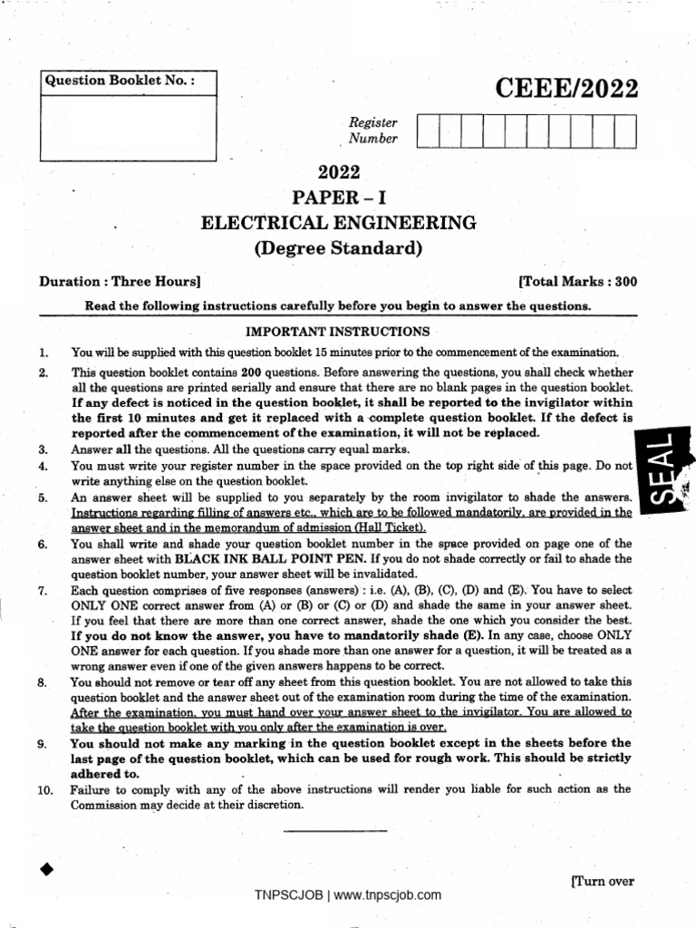 Electrical Engineering Question Paper 2022 - Degree Standard | PDF