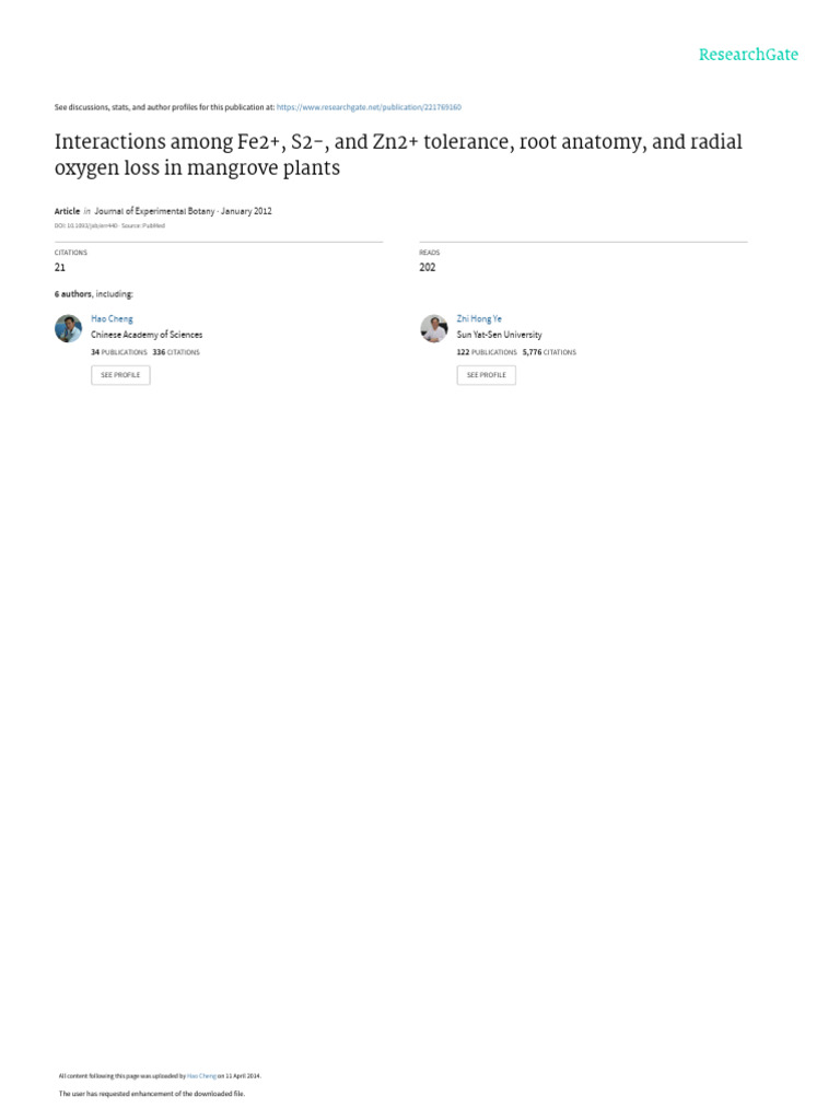 Interactions Among Fe2+, S2 - and Zn2+ Tolerance, Root Anatomy and ...