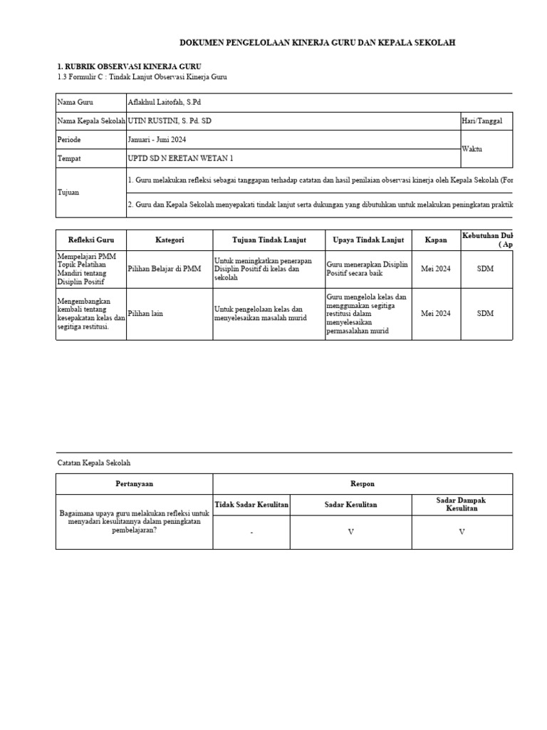 Formulir C Tindak Lanjut Observasi Kinerja Guru | PDF
