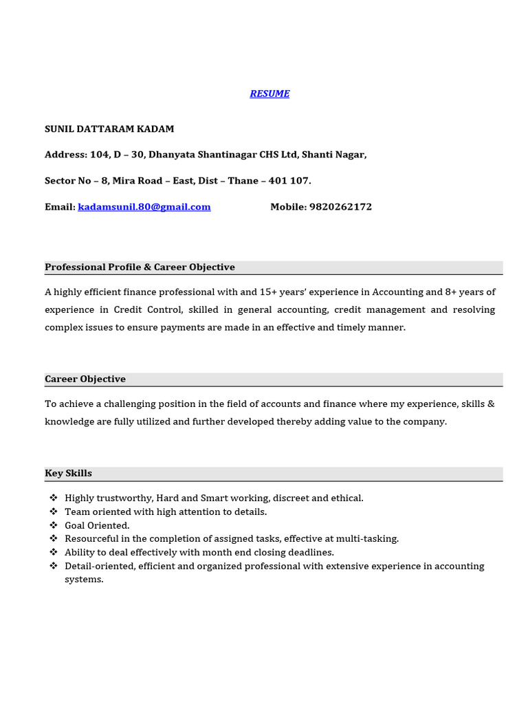 Sunil Dattaram Kadam - CV | PDF | Accounts Payable | Receipt