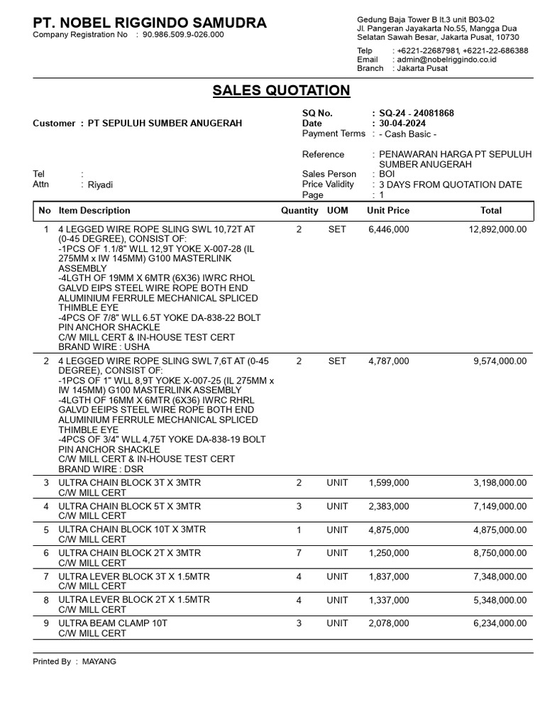Rigger Equipment For PHE - PT Nobel Riggindo Samudra | PDF ...
