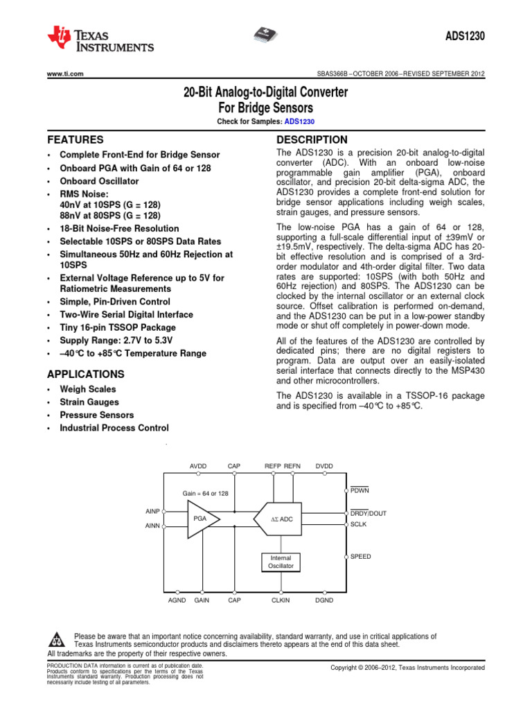 Ads 1230 | PDF | Analog To Digital Converter | Electrical Engineering