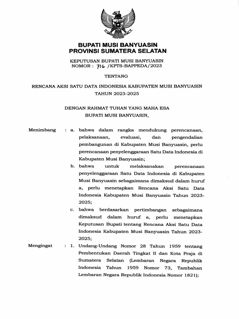 SK Bupati Musi Banyuasin Nomor 716 Kpts Bappeda2023 Tentang Rencana Aksi Satu Data Indonesia ...