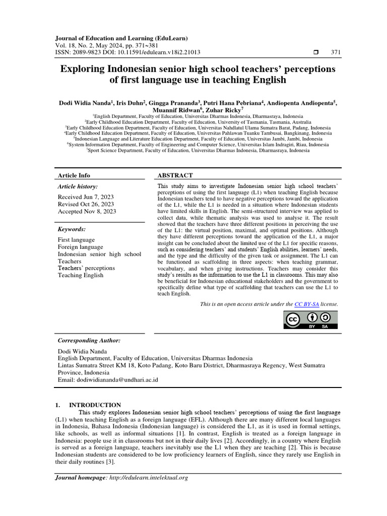Exploring Indonesian Senior High School Teachers' Perceptions of First ...
