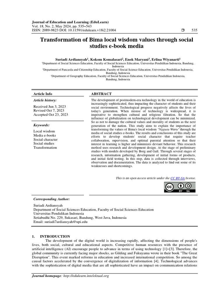 Transformation of Bima local wisdom values through social studies e-book media | Download Free ...