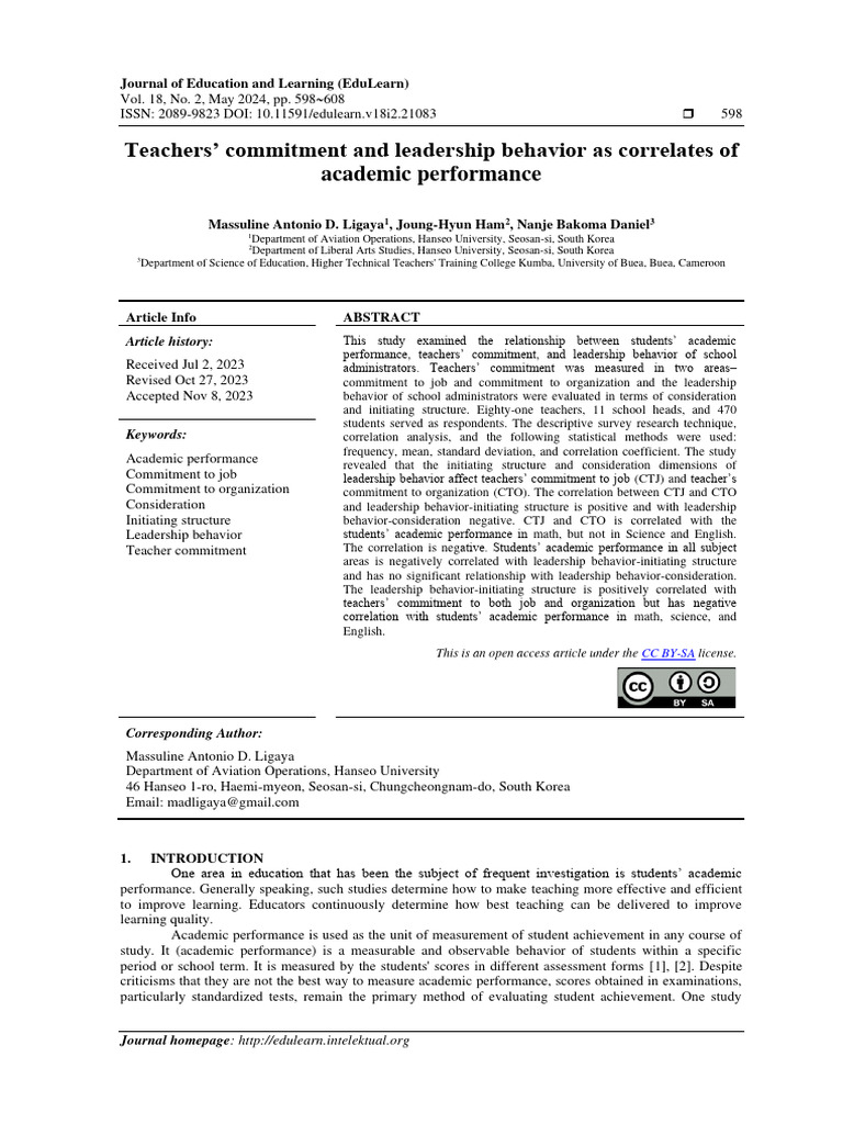 Teachers' Commitment and Leadership Behavior As Correlates of Academic ...