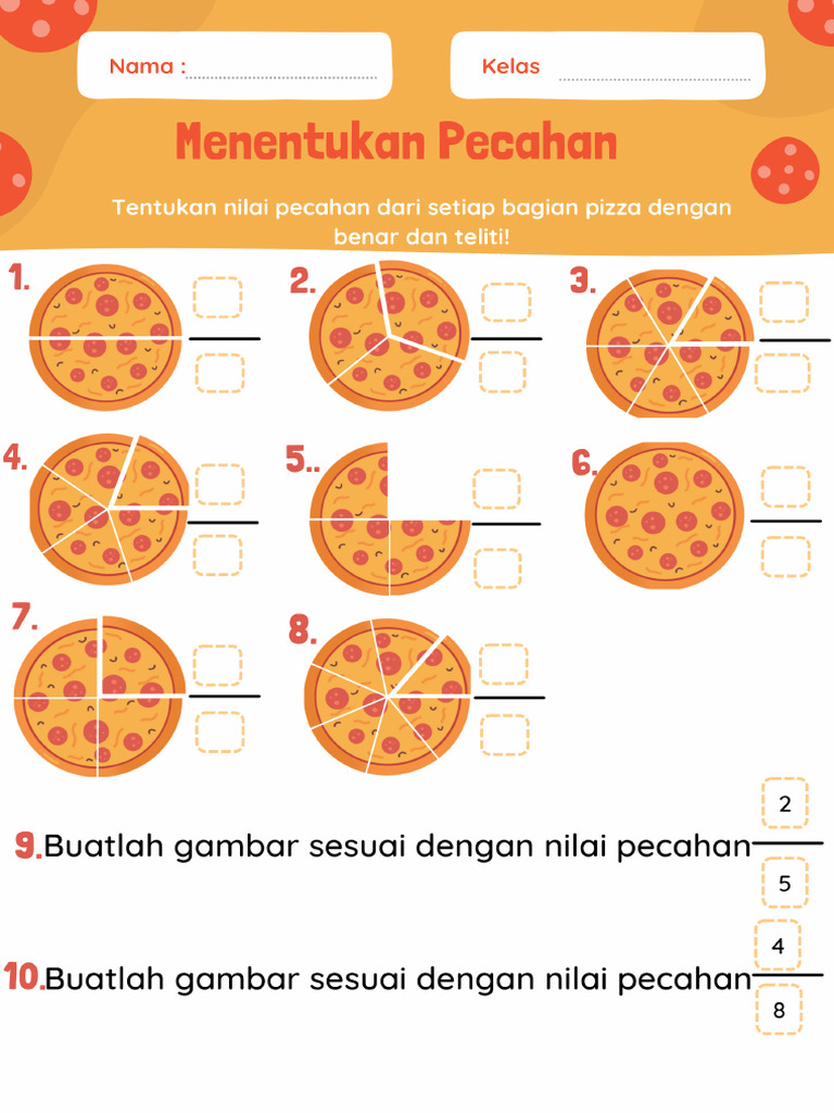 Lembar Kerja Menghitung Pecahan Ilustrasi Pizza Kuning | PDF