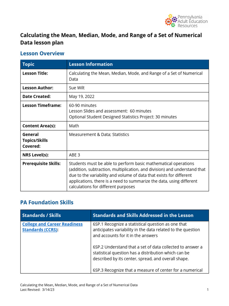 Calculating The Mean Median Mode and Range of A Set of Numerical Data 3 ...