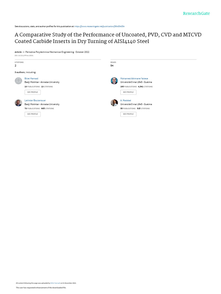 A Comparative Study of The Performance of Uncoated, PVD, CVD and MTCVD ...