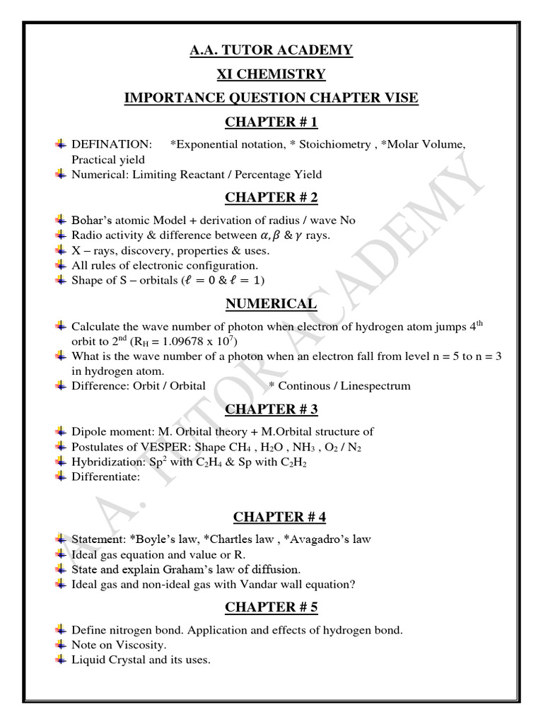 Xi Chemistry Imp 2024 | PDF | Ph | Chemical Reactions