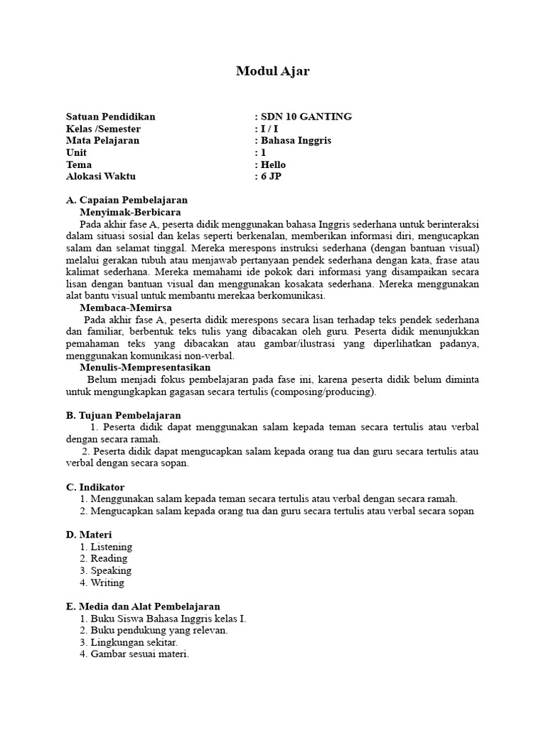 Modul Ajar KELAS 1 UNIT 1 | PDF