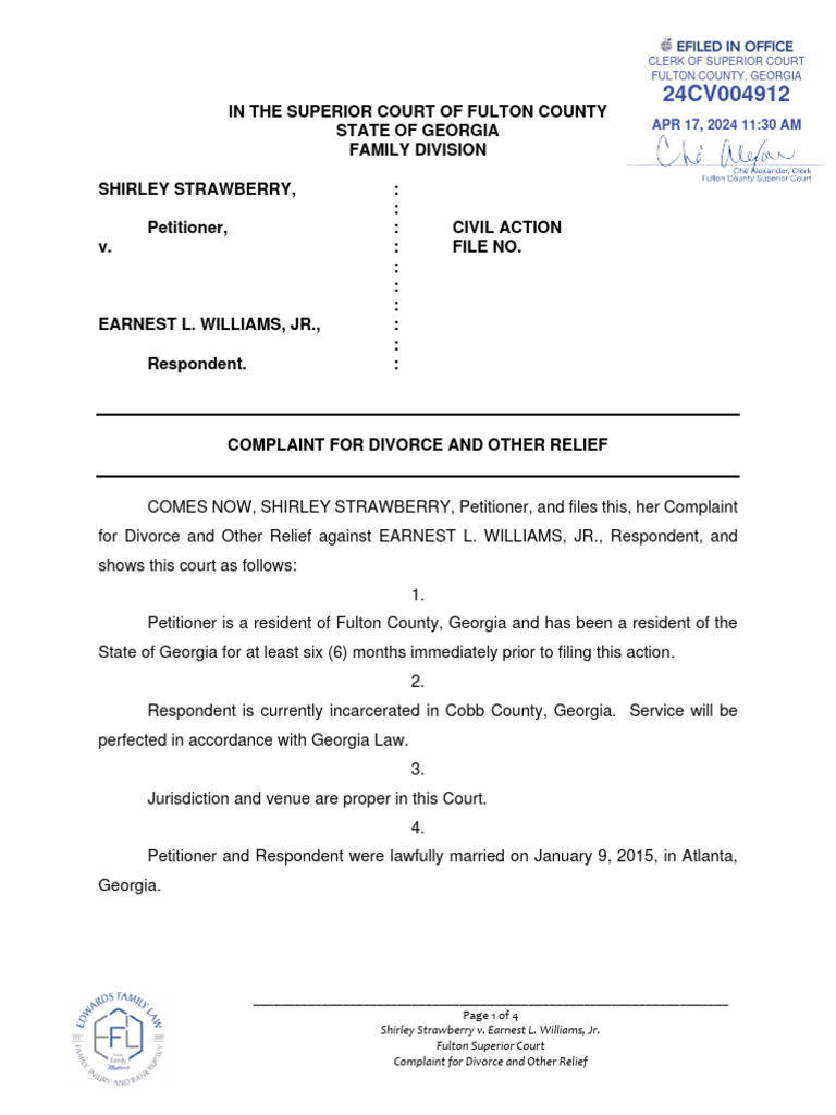 Shirley Strawberry Divorce Filing | PDF | Complaint | Divorce