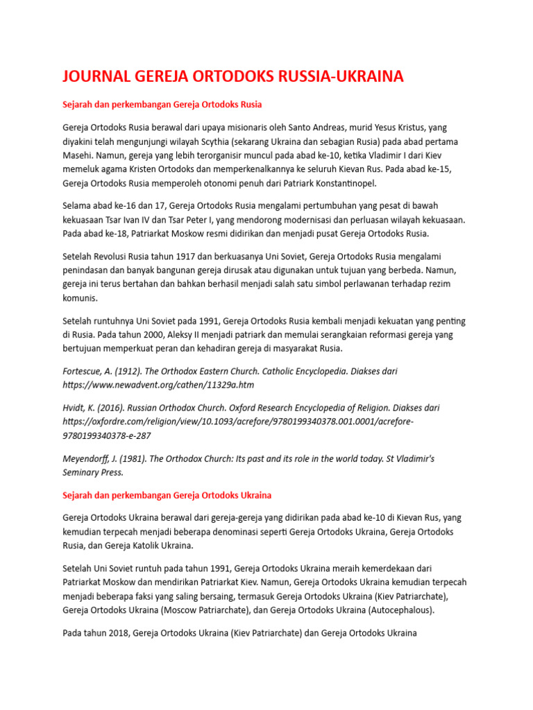 Konflik Russia-Ukraina Dalam Perspektif Gereja Ortodoks Oleh Hilman Faris | PDF