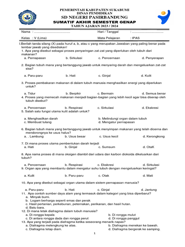 Soal Ujian Akhir Semester Kelas 5 | PDF