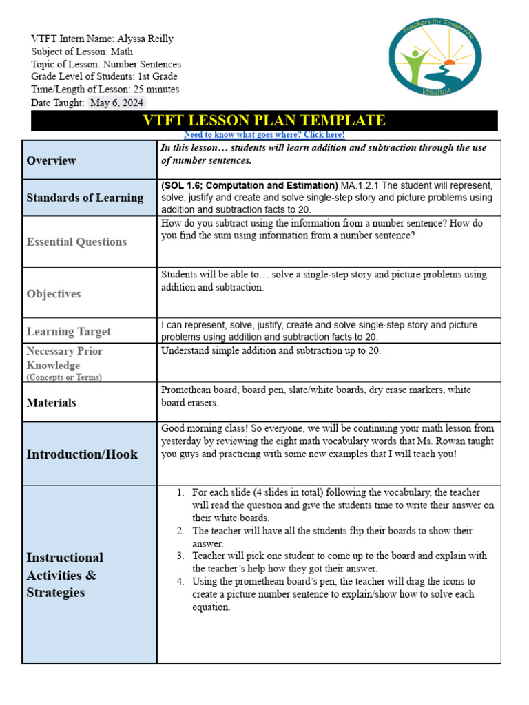 Alyssa Reilly - Lesson Plan Template VTFT I-1 | PDF | Lesson Plan ...