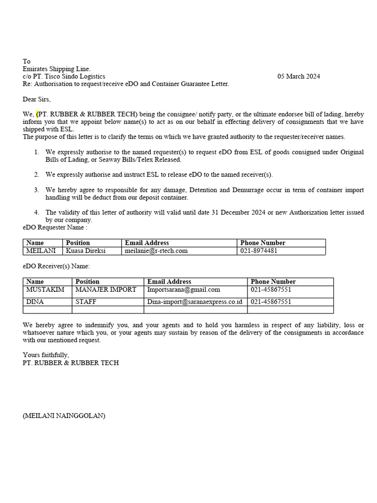 Authorization for eDO & Container Guarantee | PDF | Business