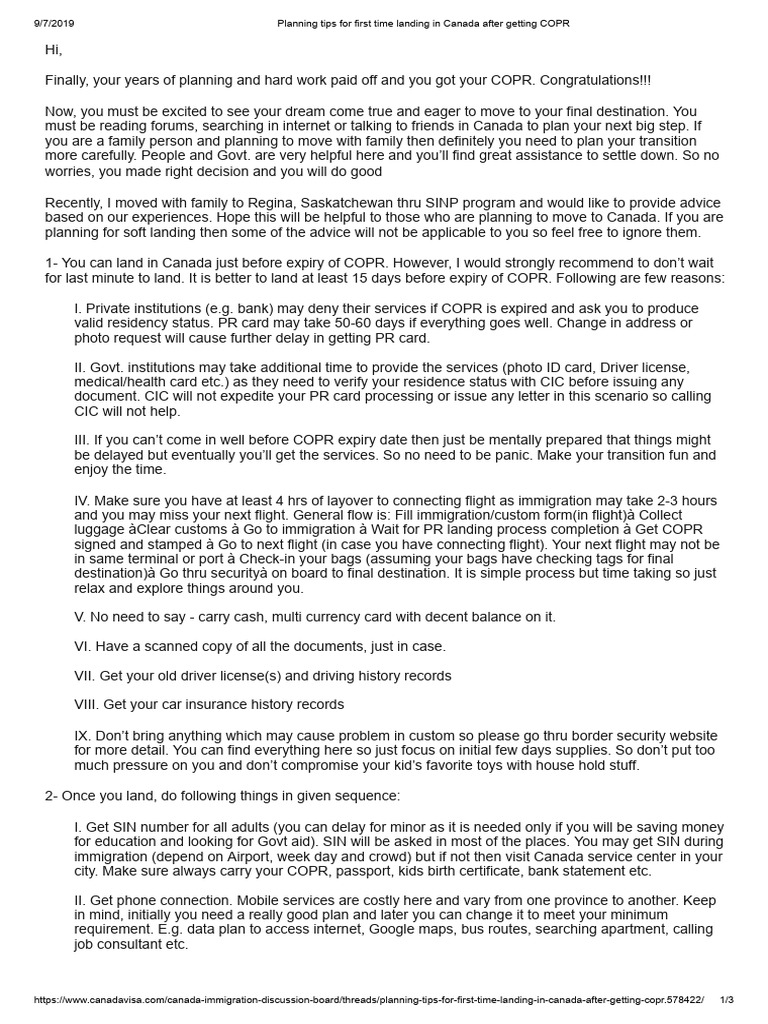 Planning Tips For First Time Landing in Canada After Getting COPR | PDF ...