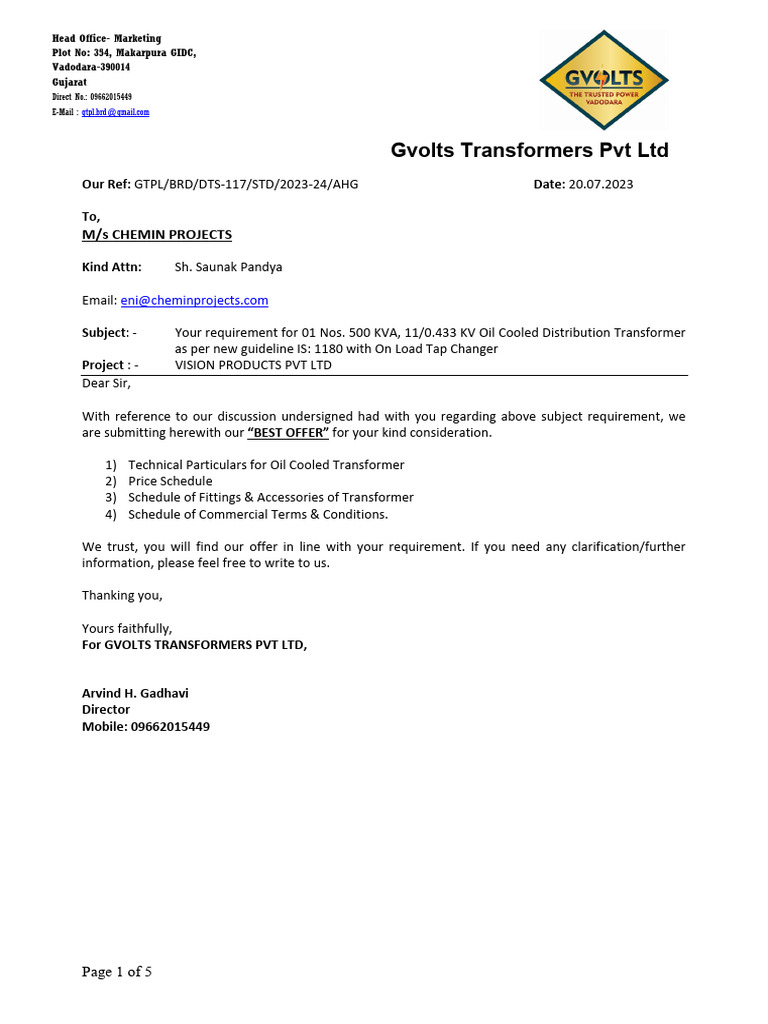500 KVA Transformer Offer to Chemin Projects | PDF | Transformer | Electrical Engineering