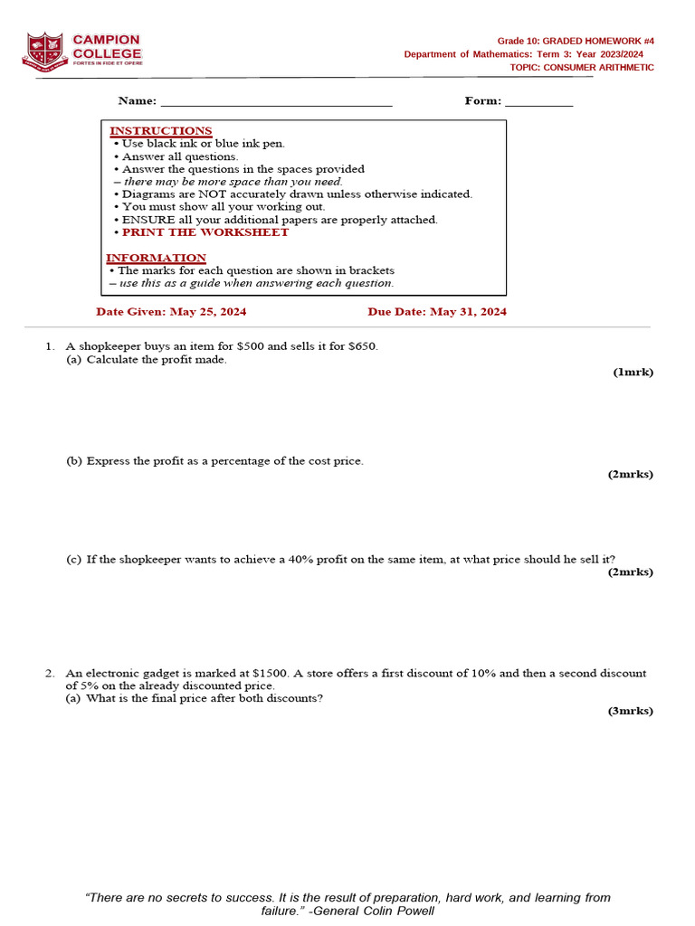 Math Homework Pdf Prices Discounts And Allowances
