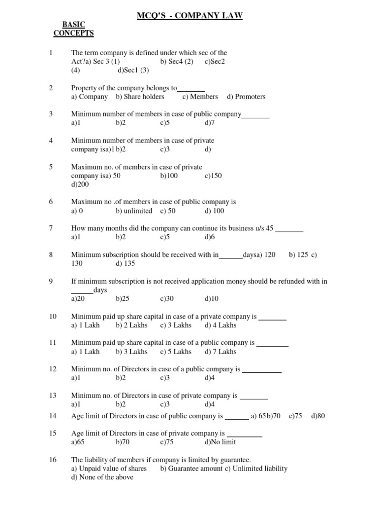 Company Law MCQ | PDF | Business Law | Equity Securities