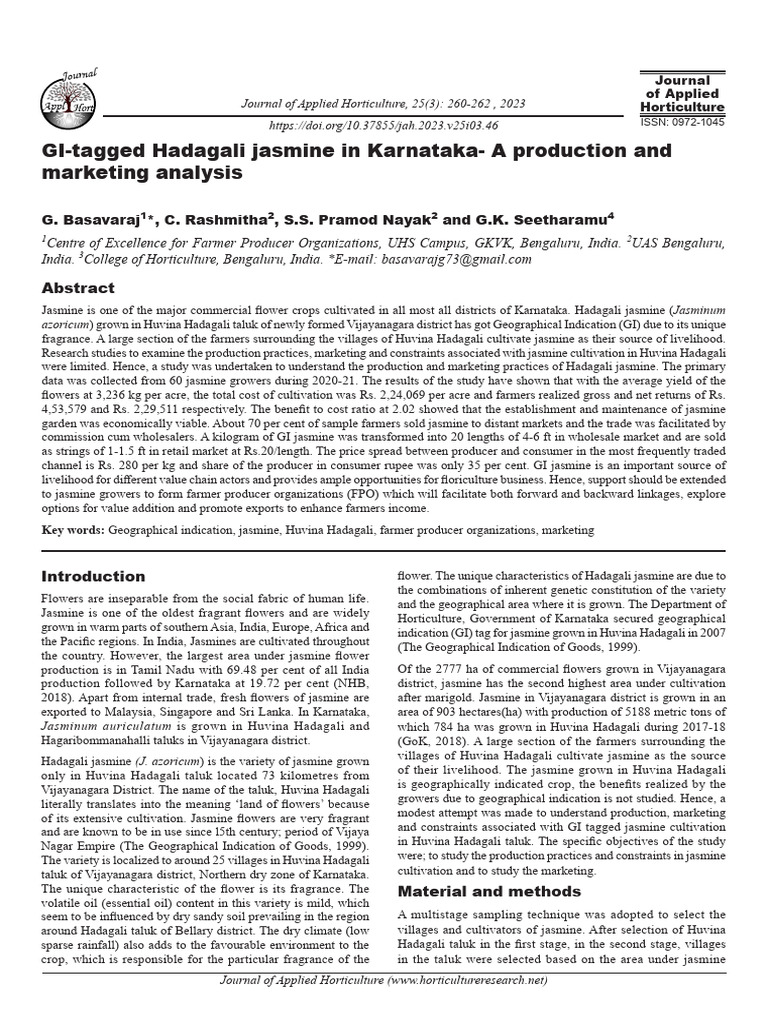 GI-tagged Hadagali Jasmine in Karnataka - A Production and | PDF ...