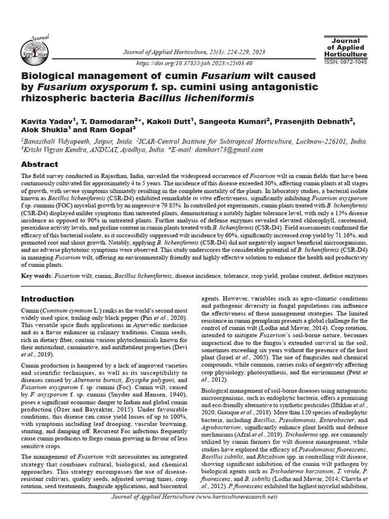 Biological Management of Cumin Fusarium Wilt Caused | PDF | Cumin | Biology
