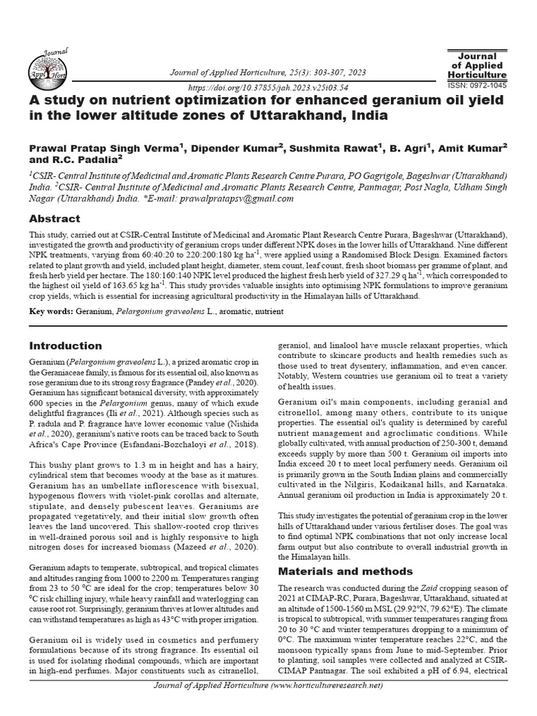 A Study On Nutrient Optimization For Enhanced Geranium Oil Yield | PDF | Root | Soil