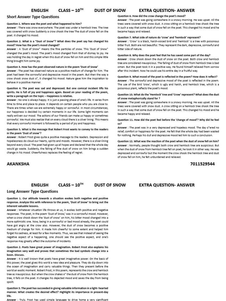 Class 10TH English Dust of Snow Question & Answers | PDF