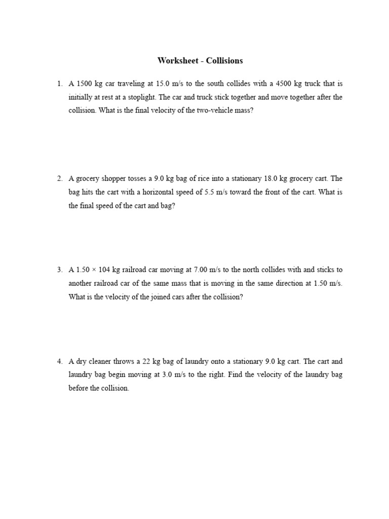 Worksheet Collisions | PDF | Collision | Mechanics