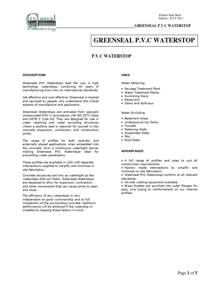 Greenseal PVC Waterstop | PDF | Concrete | Welding