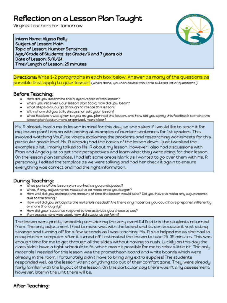 Alyssa Reilly - LP Reflection Template VTFT I II | PDF | Lesson Plan | Cognition