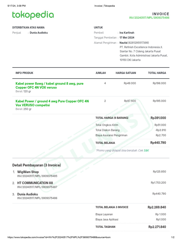 Invoice - Tokopedia 486 | PDF