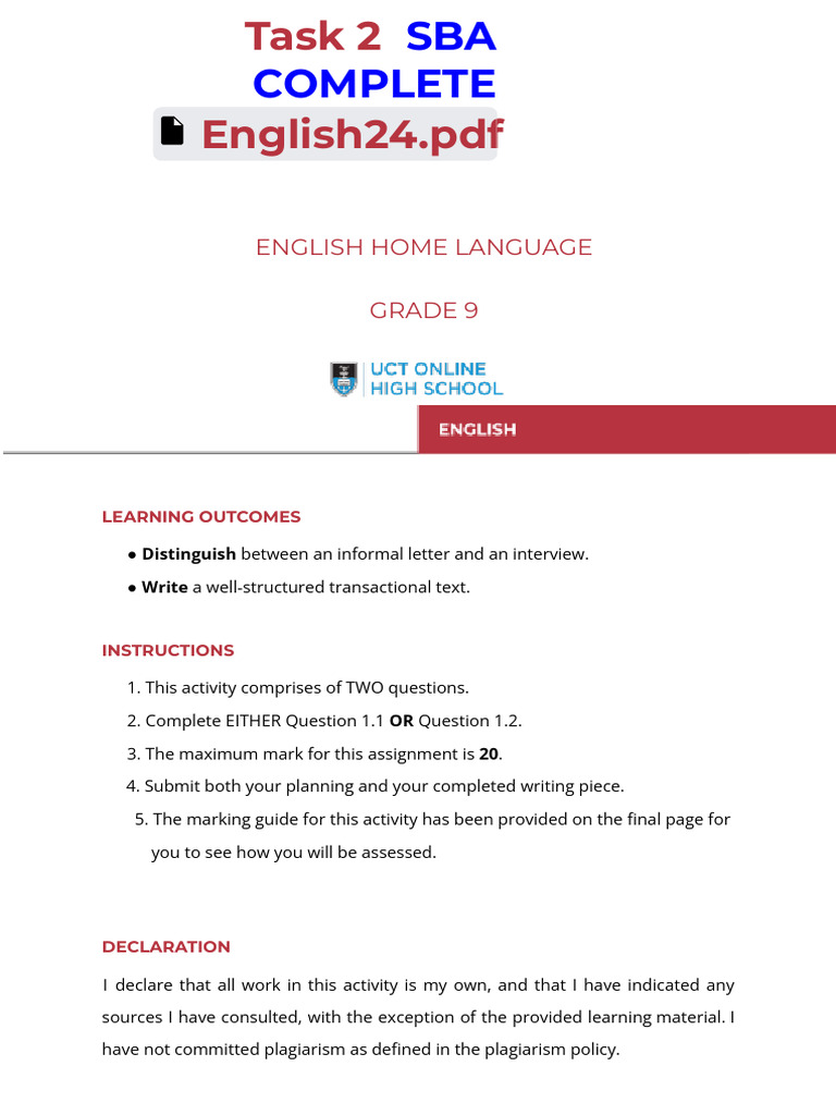 Grade 9 - English - Term1 - M4 - 4.8 - Task - 2 - Assignment - Answer ...